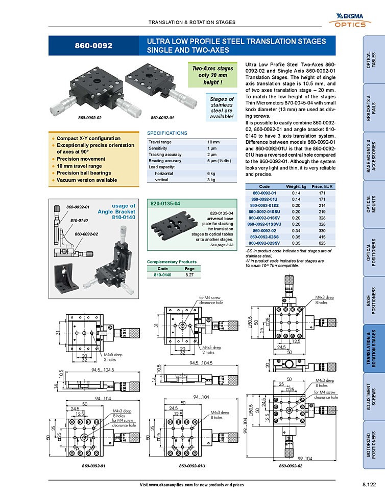 Manual XY Linear Stages, XYZ and Z Stages