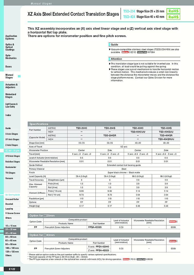 Manual XY Linear Stages, XYZ and Z Stages