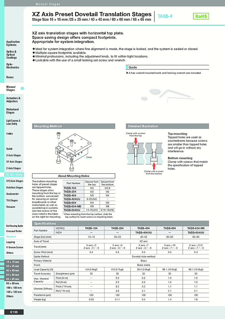 Manual XY Linear Stages, XYZ and Z Stages