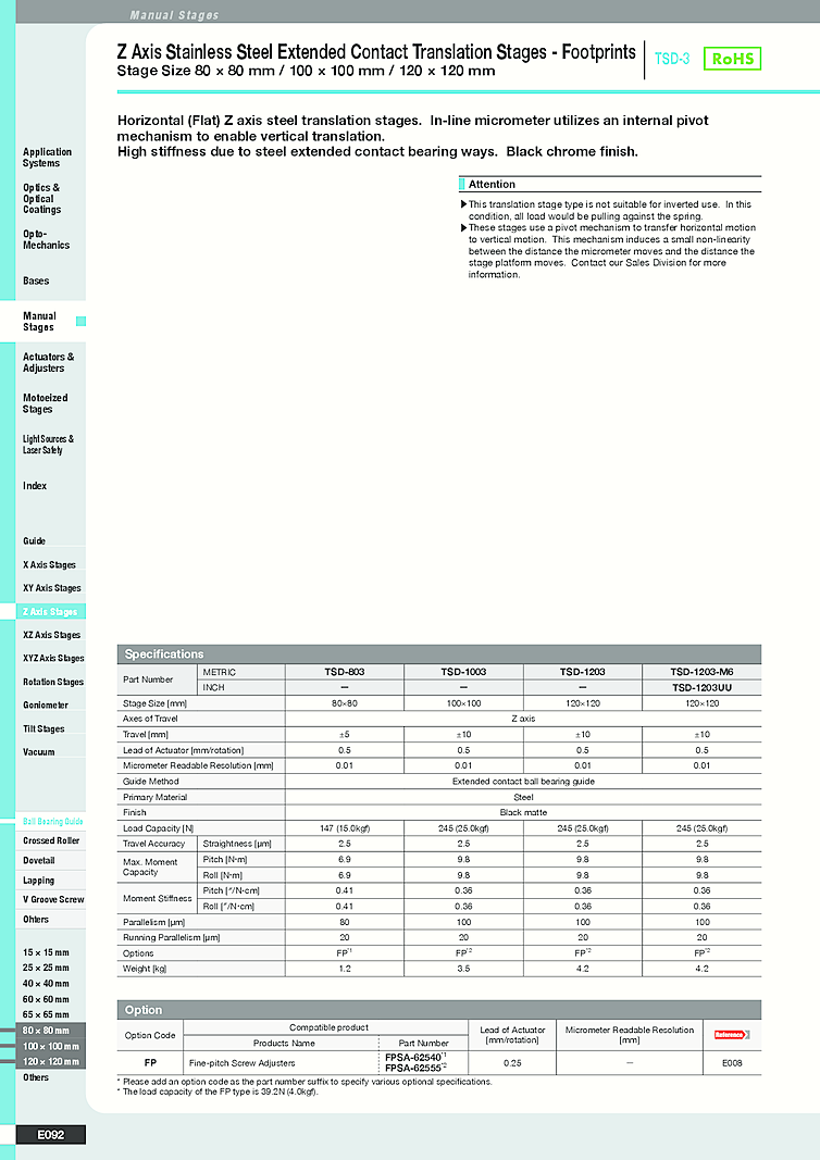 Manual XY Linear Stages, XYZ and Z Stages