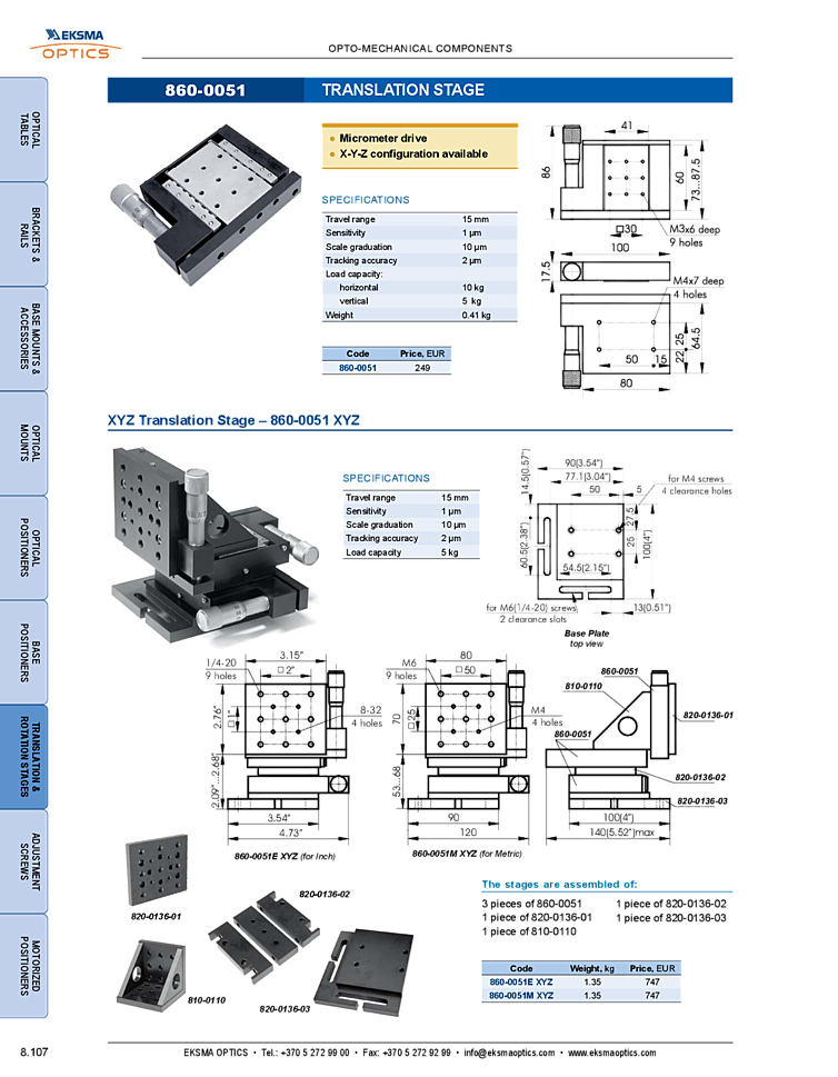 Manual XY Linear Stages, XYZ and Z Stages