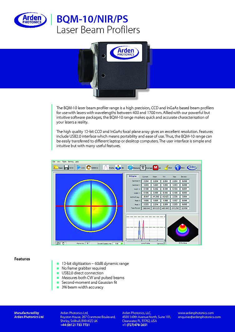 Laser Beam Profiler, 400nm-1100nm from Arden Photonics