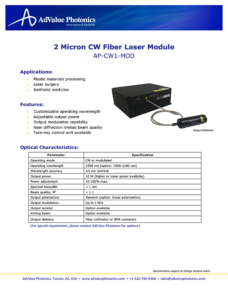 1950nm, 10W CW Fiber Laser