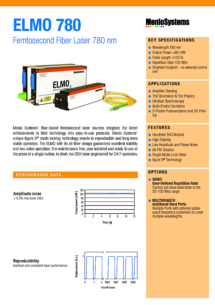 780nm, 1nJ Fiber Femtosecond Laser from Menlo Systems