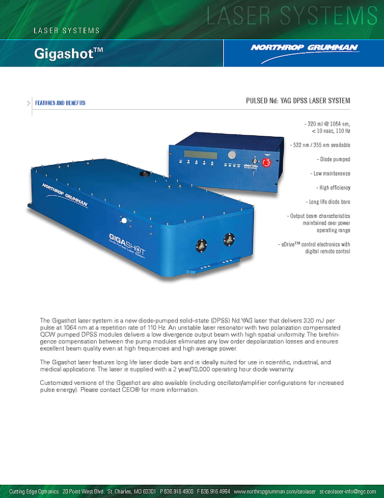 1064nm, 320mJ Nanosecond Laser from Northrop Grumman