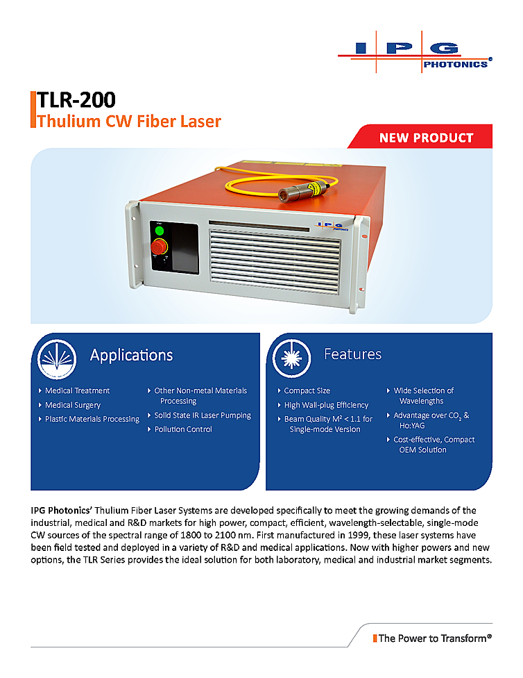 IPG Photonics Fiber Laser wavelength 1940 nm, 200W