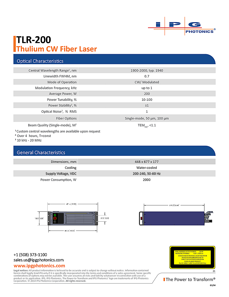 IPG Photonics Fiber Laser wavelength 1940 nm, 200W